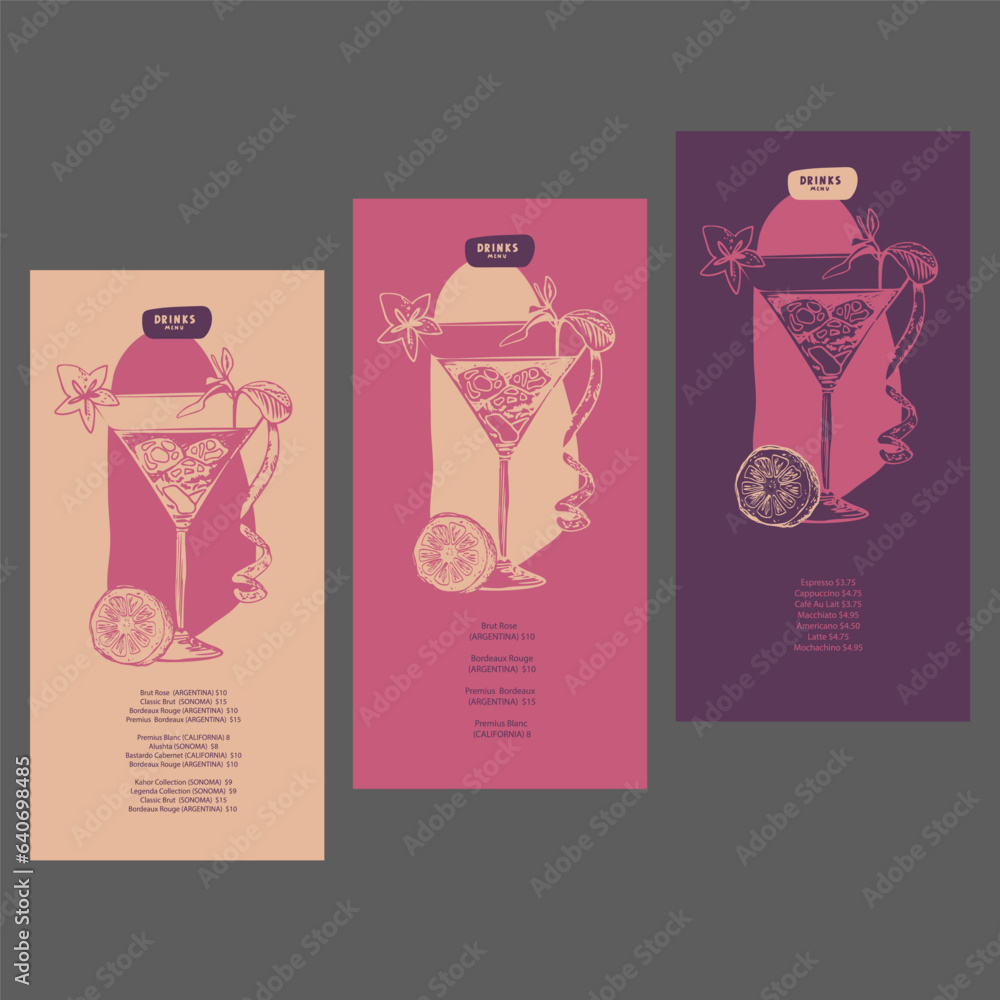 Drinks menu. Cocktail. Set. Muted colors. List, banner, booklet, flyer ...