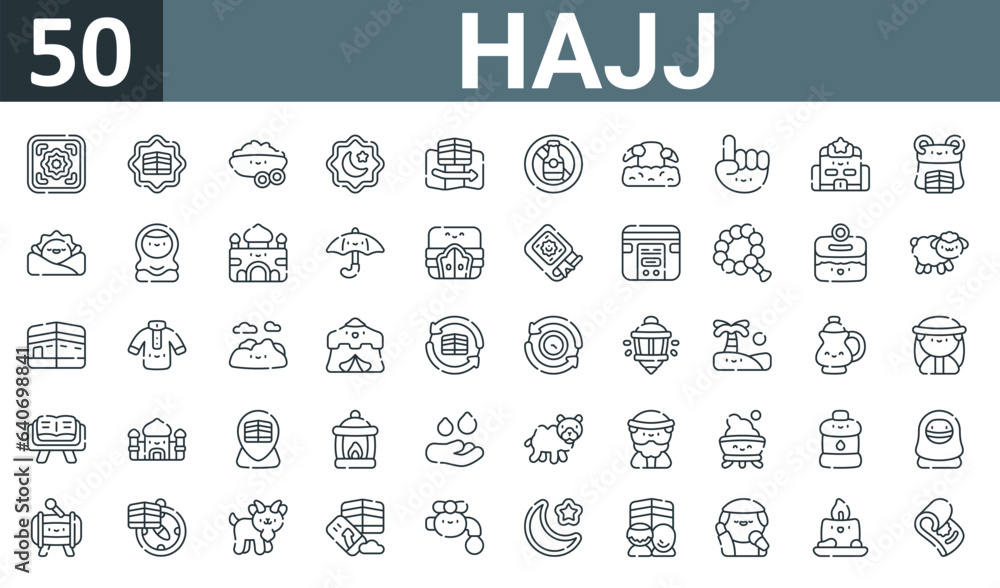 set of 50 outline web hajj icons such as art, kaaba, zakat, islam ...