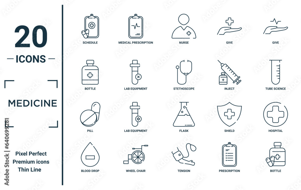 medicine linear icon set. includes thin line schedule, bottle, pill ...