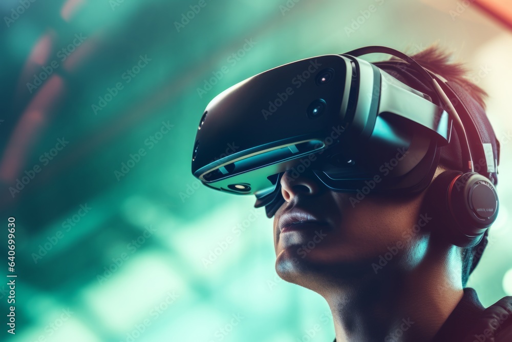 Man guy gamer male user computer technology VR headset 3d virtual ...