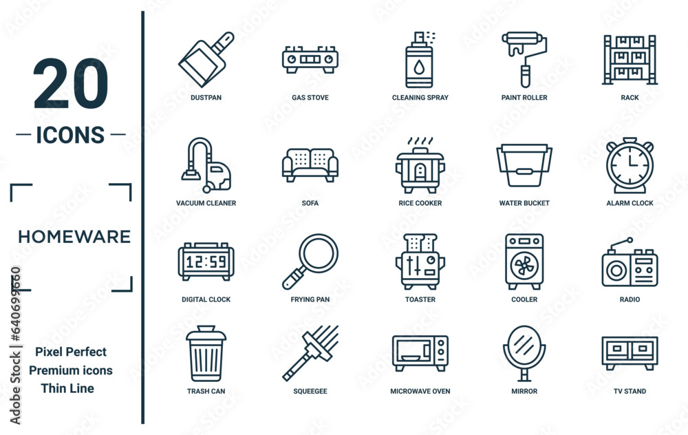 homeware linear icon set. includes thin line dustpan, vacuum cleaner ...