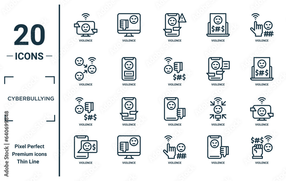 cyberbullying linear icon set. includes thin line violence, violence ...