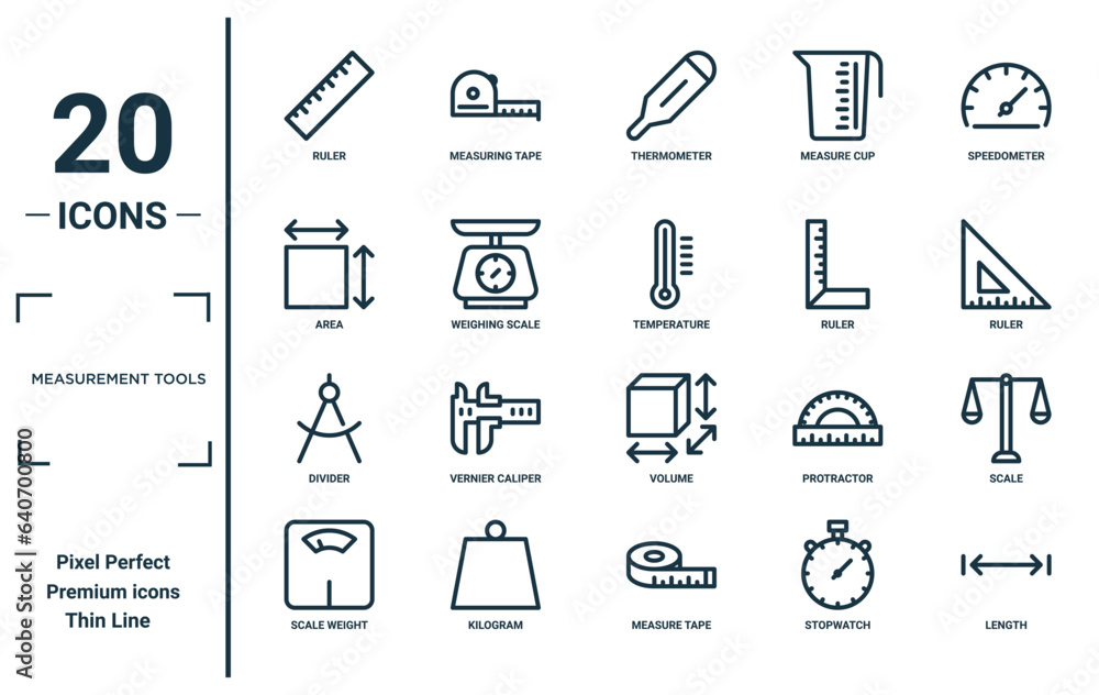 measurement tools linear icon set. includes thin line ruler, area ...