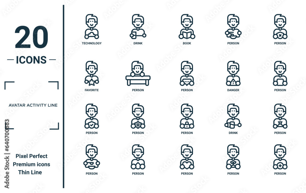 Vetor de avatar activity line linear icon set. includes thin line ...