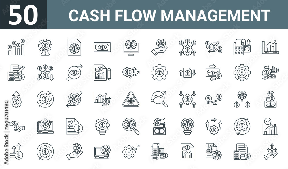 set of 50 outline web cash flow management icons such as analysis, risk ...