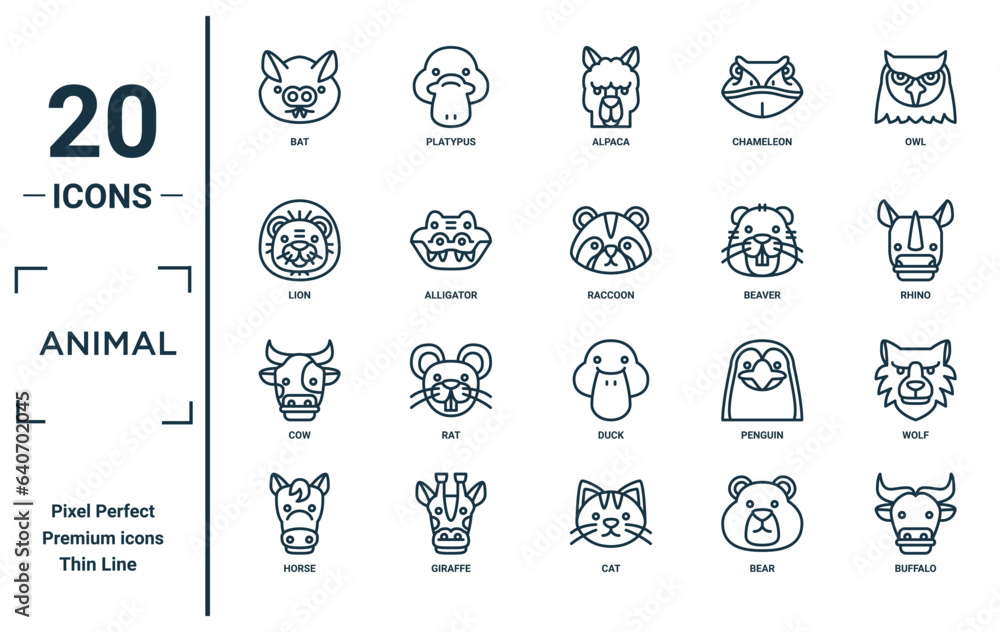 animal linear icon set. includes thin line bat, lion, cow, horse ...