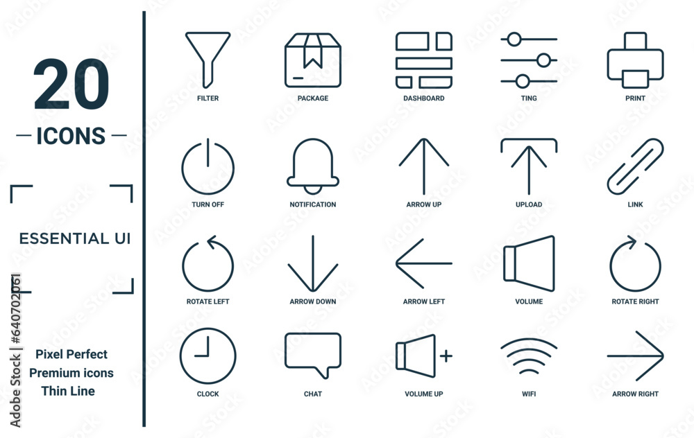 essential ui linear icon set. includes thin line filter, turn off ...