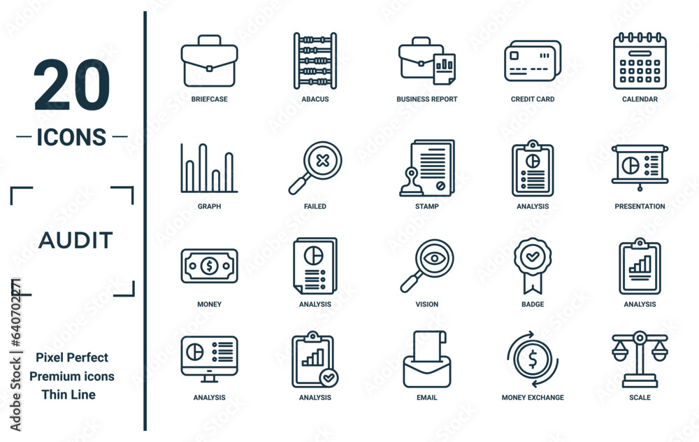 audit linear icon set. includes thin line briefcase, graph, money ...