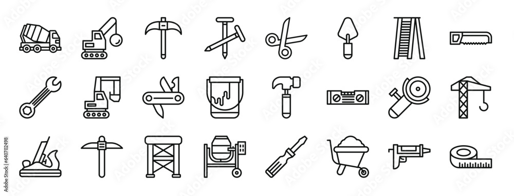 set of 24 outline web construction tools icons such as concrete mixer ...