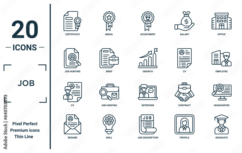 Vetor de job linear icon set. includes thin line certificate, job ...