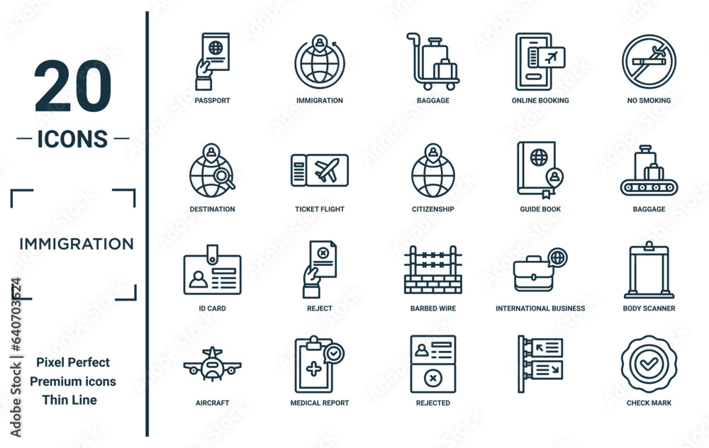 immigration linear icon set. includes thin line passport, destination ...