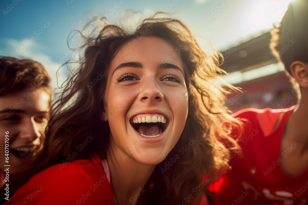 Spanish female soccer fans in a World Cup stadium celebrating Spanish ...