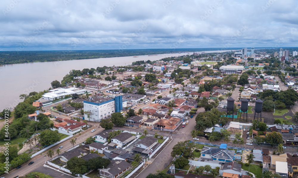 Aerial drone view of Porto Velho city center skyline, streets, squares ...