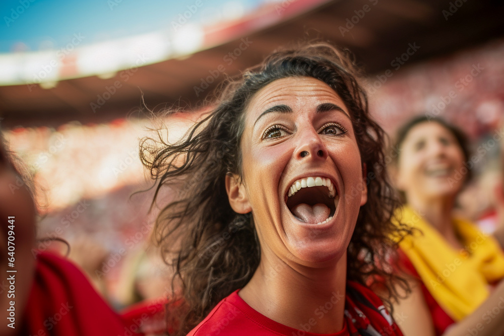 Spanish female soccer fans in a World Cup stadium celebrating Spanish ...