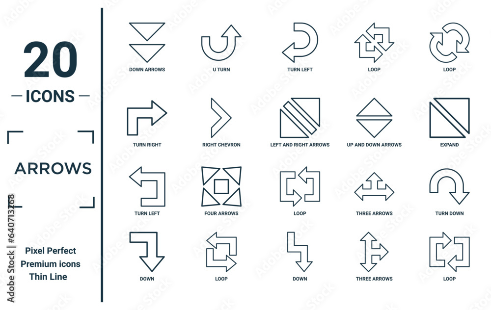 arrows linear icon set. includes thin line down arrows, turn right ...