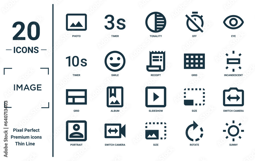image linear icon set. includes thin line photo, timer, grid, portrait ...