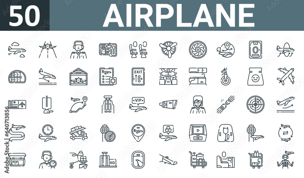 set of 50 outline web airplane icons such as flying, runway, pilot ...