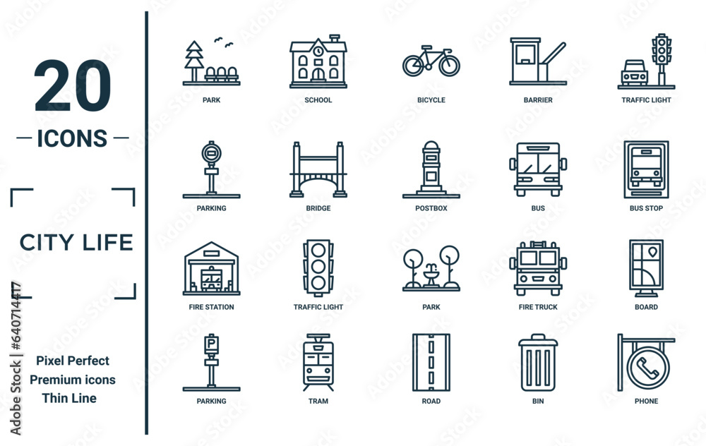 city life linear icon set. includes thin line park, parking, fire ...
