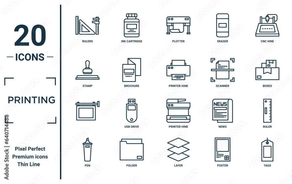 printing linear icon set. includes thin line rulers, stamp, , pen, tags ...