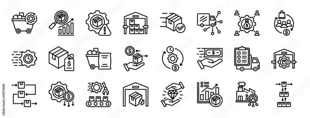 set of 24 outline web inventory management icons such as processing ...