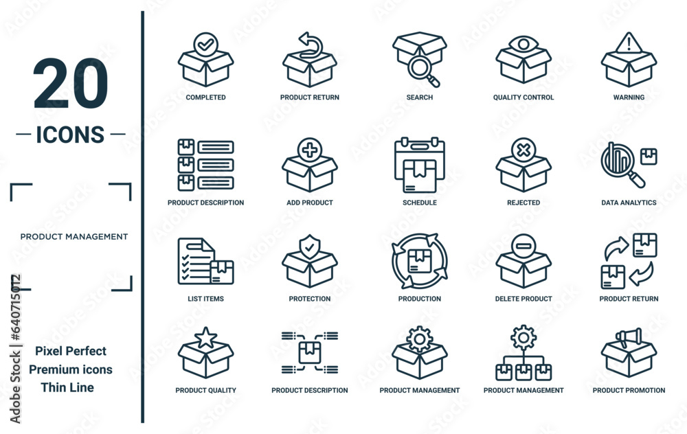 Vetor de product management linear icon set. includes thin line completed, product description ...