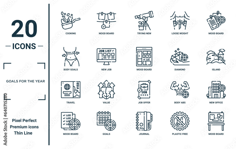 goals for the year linear icon set. includes thin line cooking, body ...