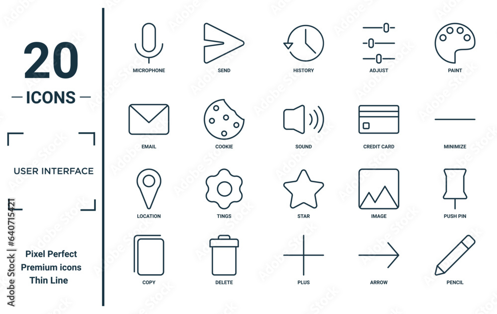 user interface linear icon set. includes thin line microphone, email, location, copy, pencil ...