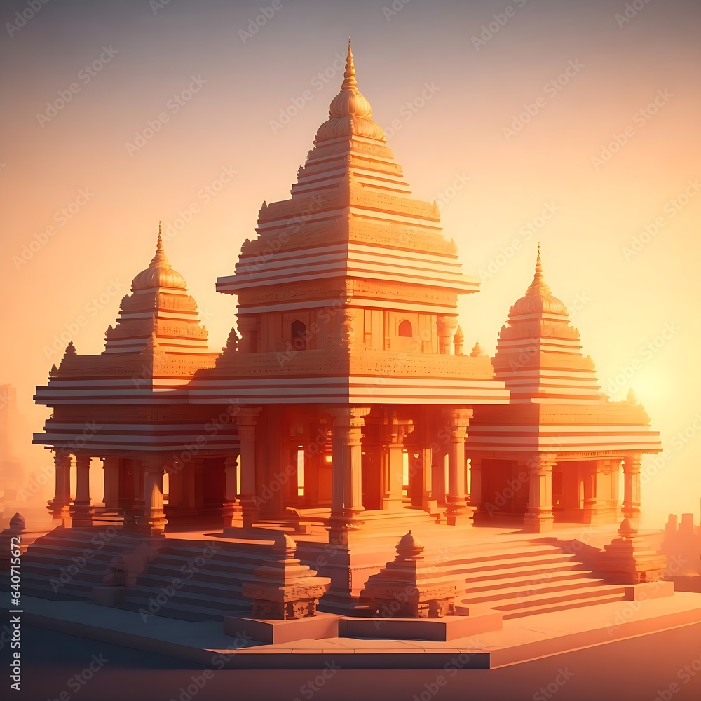 Realistic Hindu temple at sunset, 3D renderings. Computer digital ...