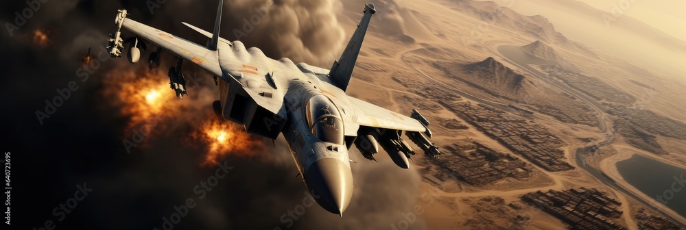 Generic military fighter jet crosses over a target bombing location ...