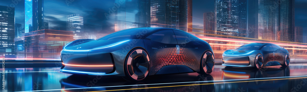 Automated self driving futuristic electric car driving at modern city ...