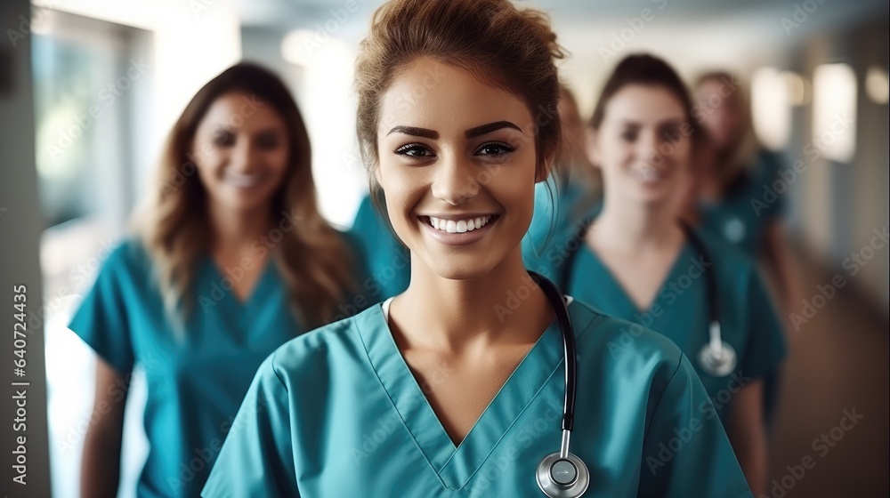 Beautiful of a young nursing student in clinic corridor, Doctor intern ...