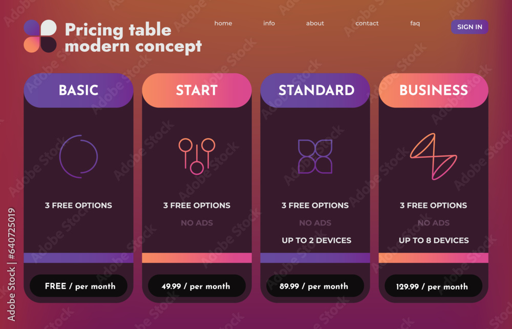 Price list landing page. Web page template with product comparison grid ...