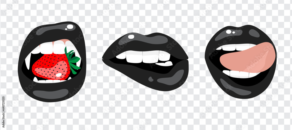 Beautiful sexy female vampire lips in black. Set of isolated vector ...