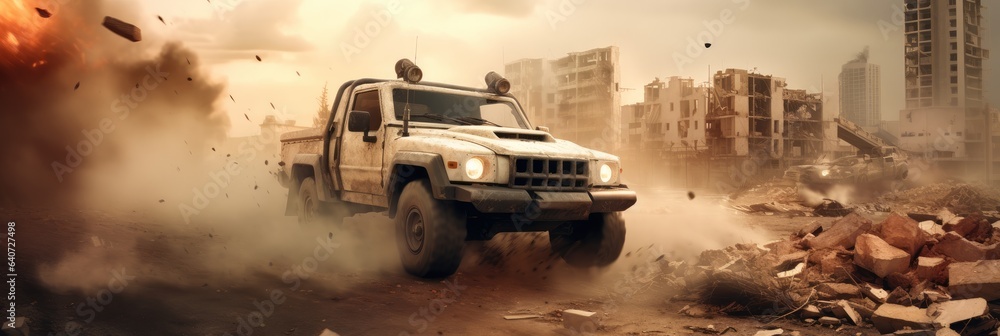 Military pickup truck with machine gun crosses through destruction ...