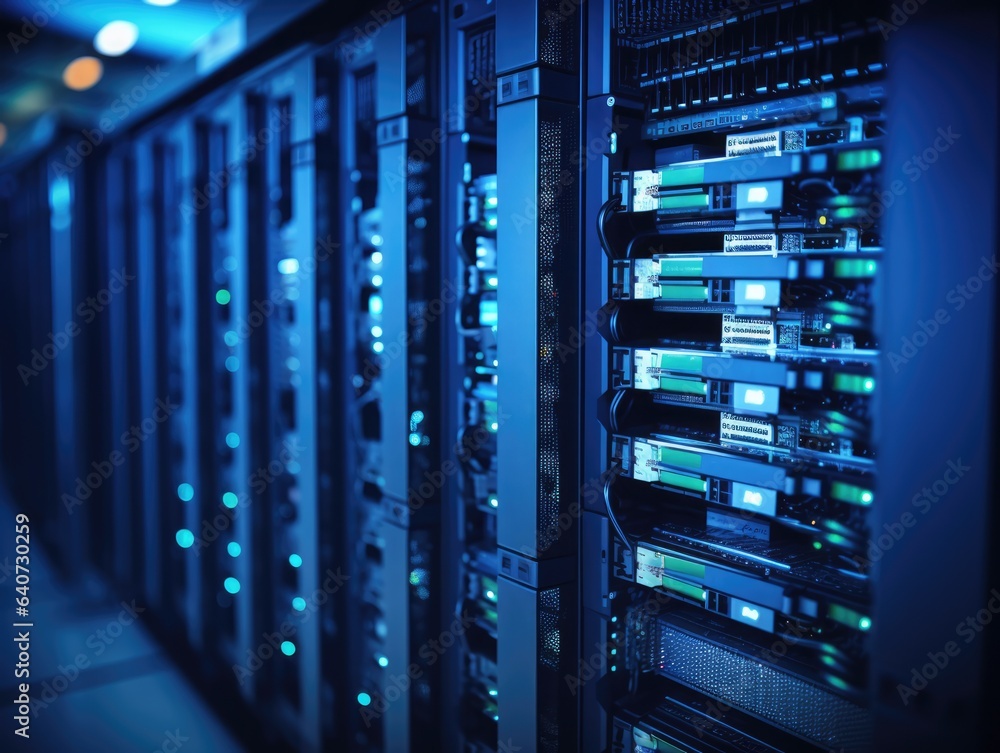 Generative AI illustration of close up side view of rows of various servers assorted in modern ...