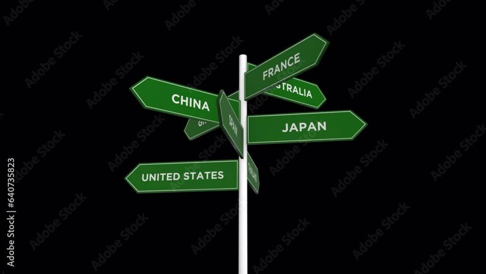 Travel road signs with names of eight destination countries rotating on ...