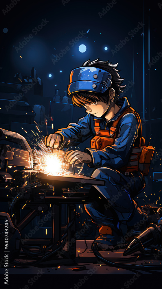 Welding work in a factory, a male welder welds steel, cartoon style ...