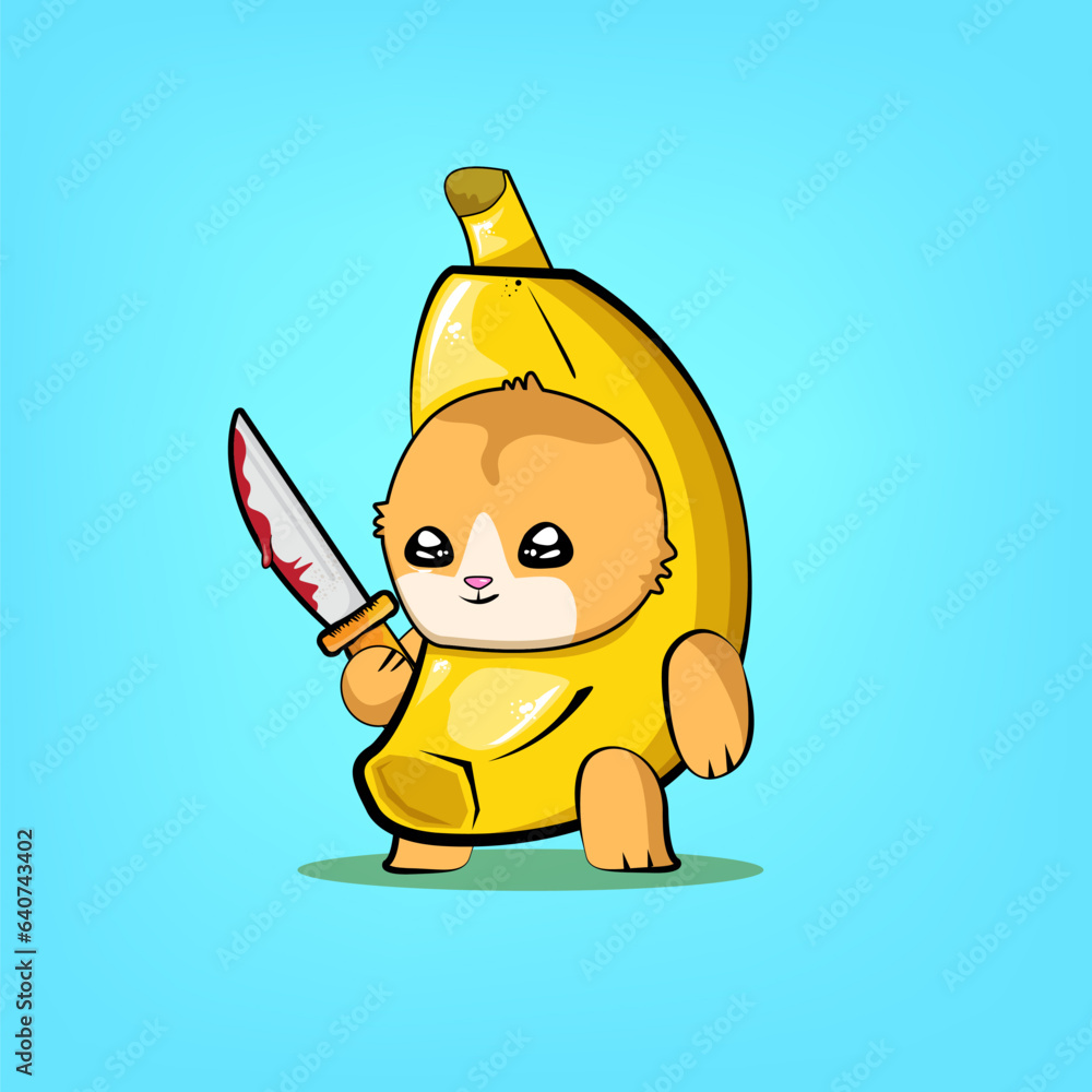 Banana Cat holding bloody knife vector isolated on blue background ...