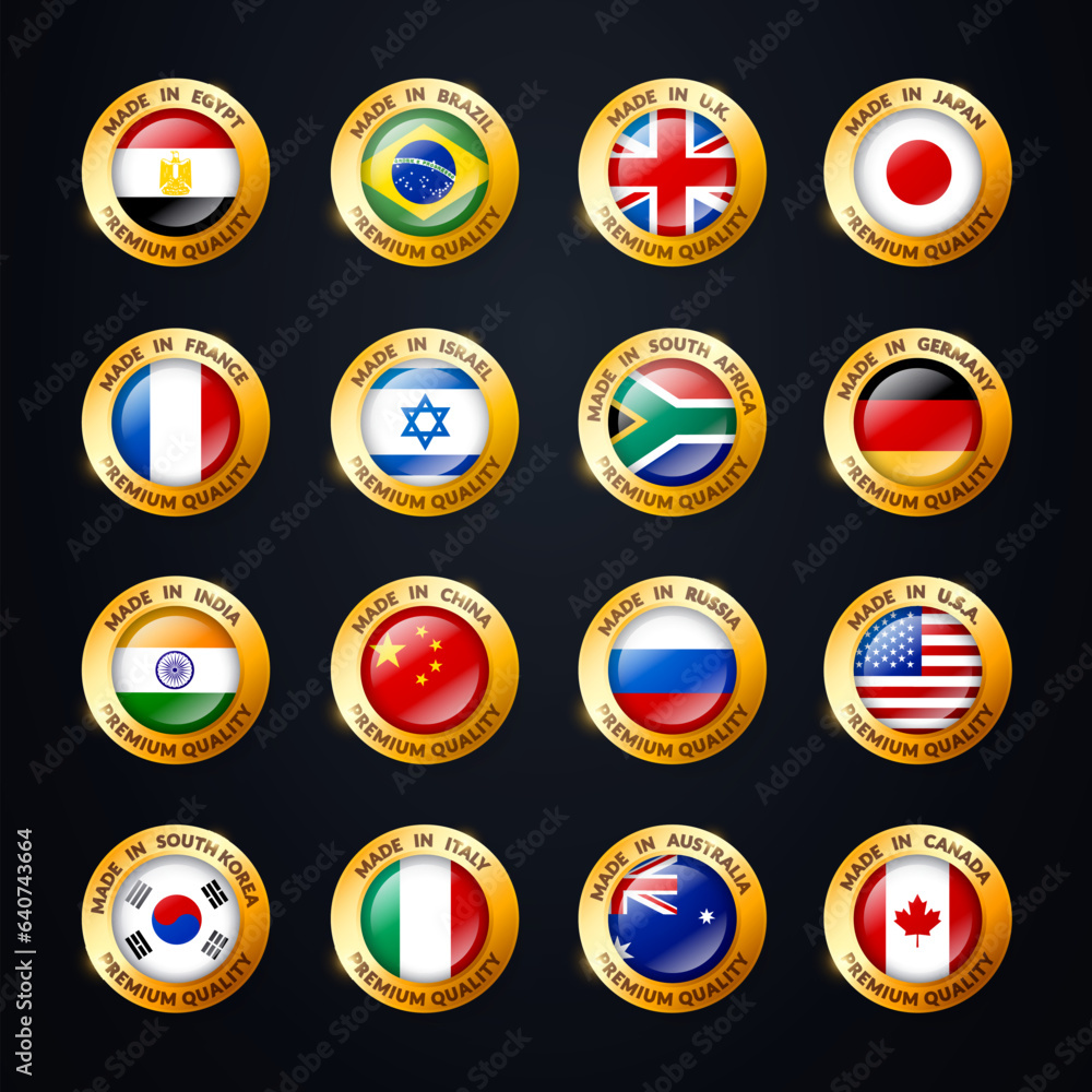 Golden Made In Medal Or Emblems With Flags Of The World Stock Vector ...