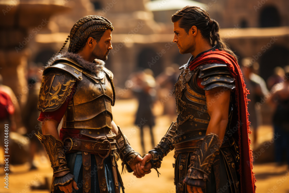 Intense display of gladiator duel in a chaotic ancient Rome arena ...