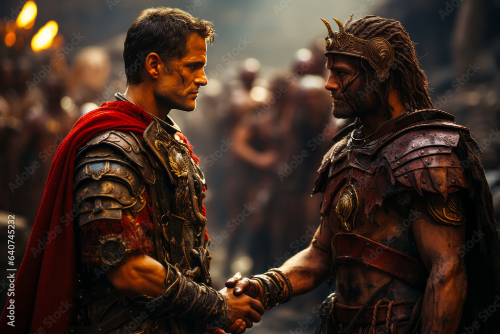 Dynamic depiction of gladiators in intense combat, their gaze shared in ...