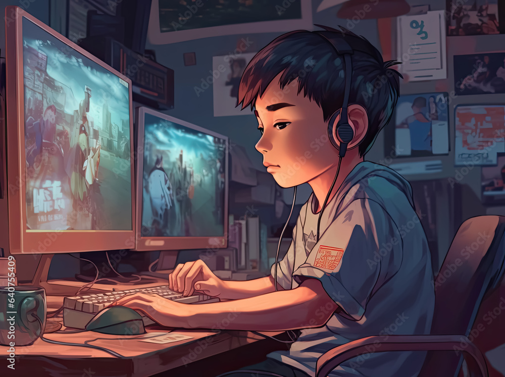 Genius Little boy as a Hacker is coding and programming on computer ...