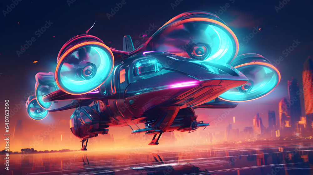Glimpse of tomorrow: A neon-hued flying car soars above a futuristic ...