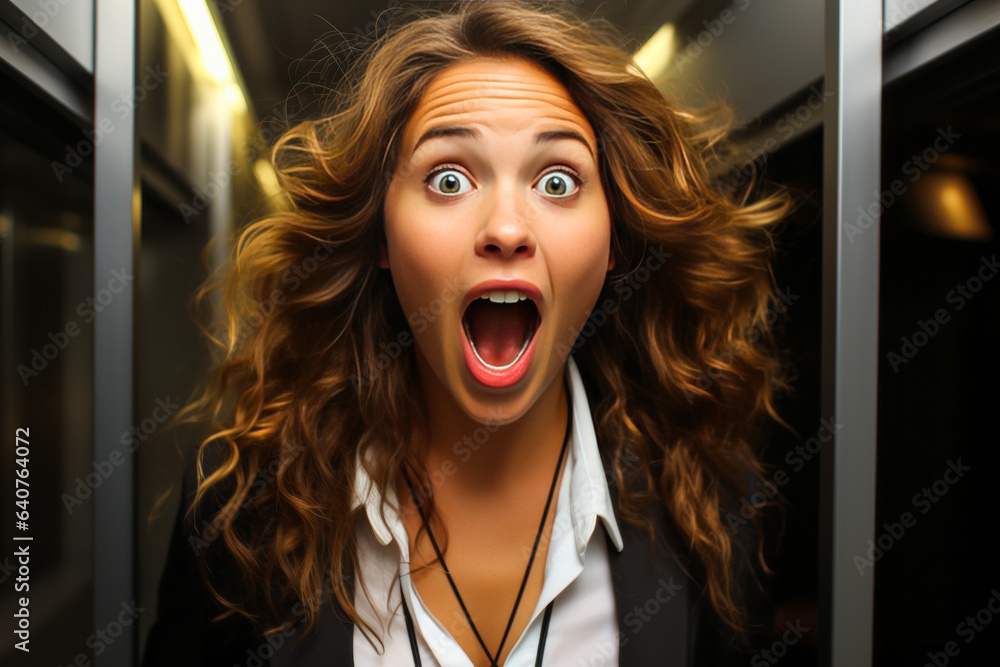 Captivating image of a surprised young woman in an elevator, her mouth ...