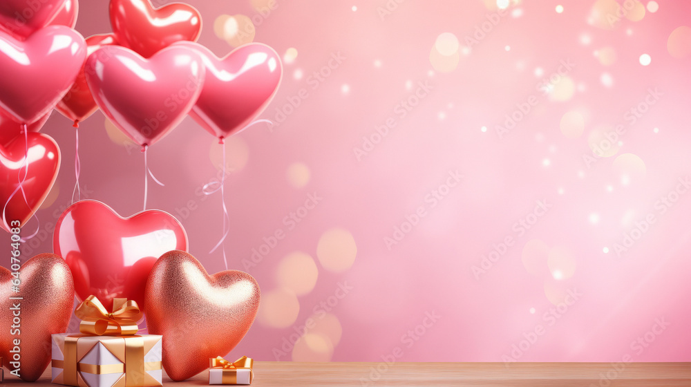Beautiful pink birthday background with inflated helium balloons in the ...