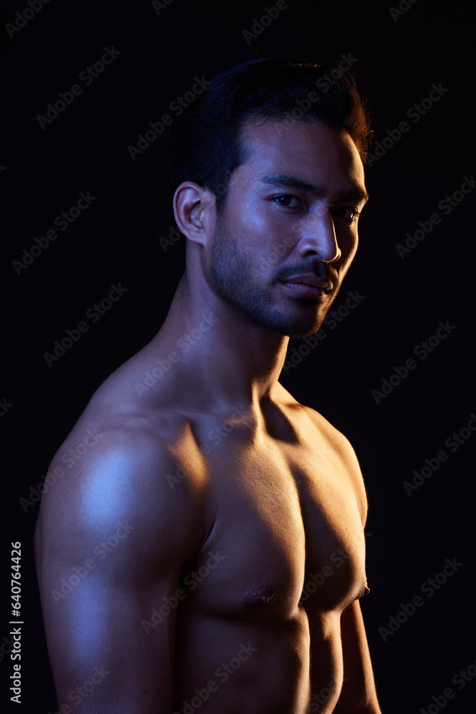 Shirtless, portrait and sexy man on black background in fitness ...