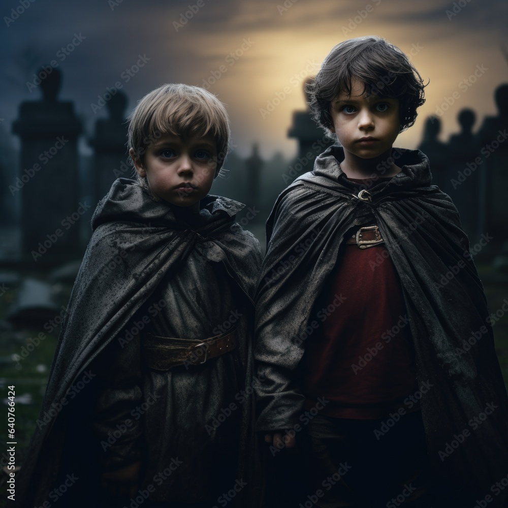 Two young boys dressed in medieval clothing standing next to each other ...