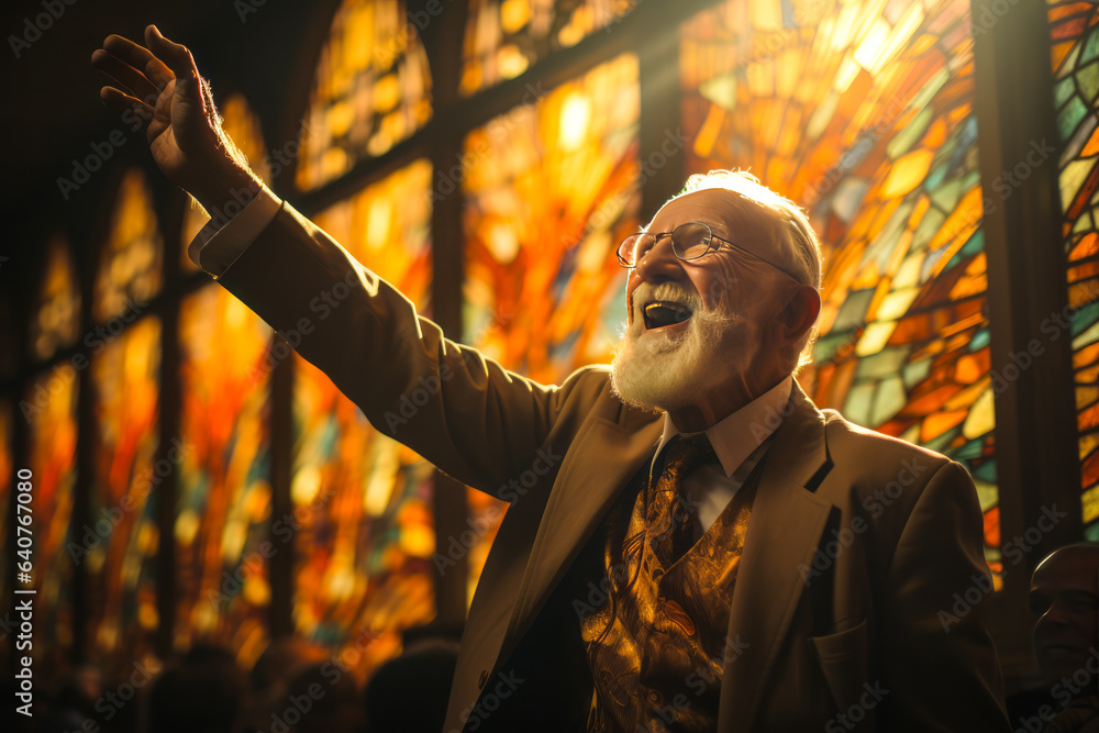 Inspiring elderly pastor with raised arms delivering passionate sermon ...