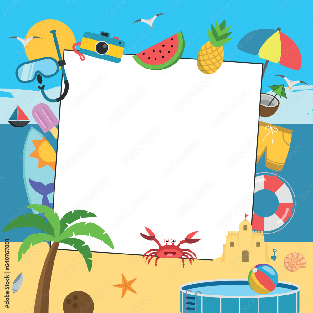 Summer Frame with Different Summer Elements and Beach Landscape - Palm ...