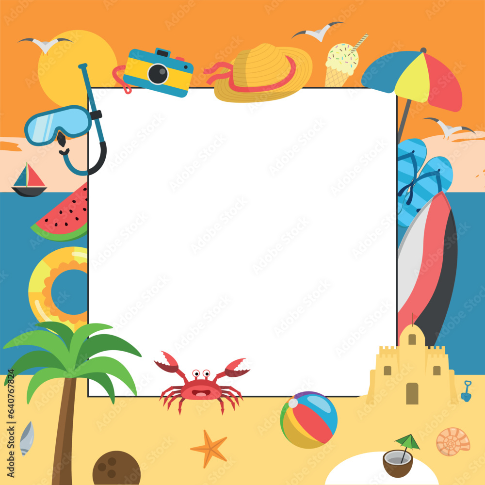 Summer Frame with Different Summer Elements and Beach Landscape - Palm ...